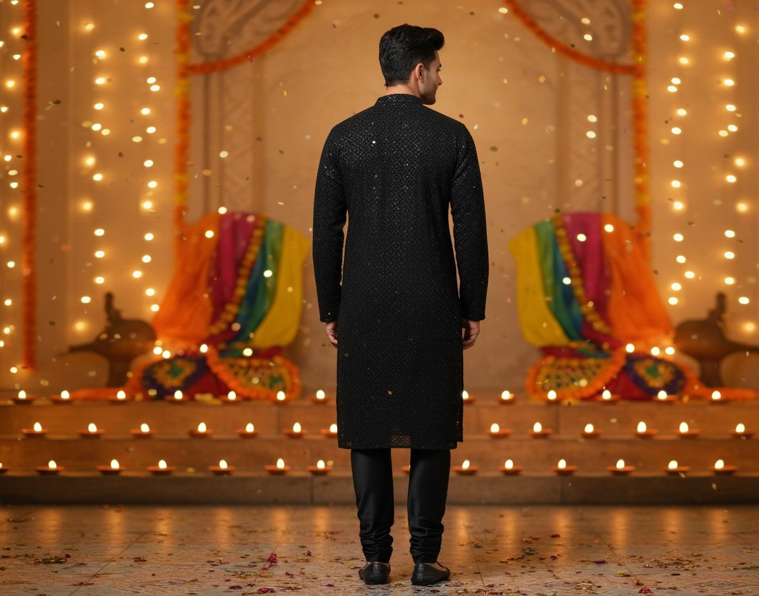Black Kurta with Pajami - Aryans Design Den